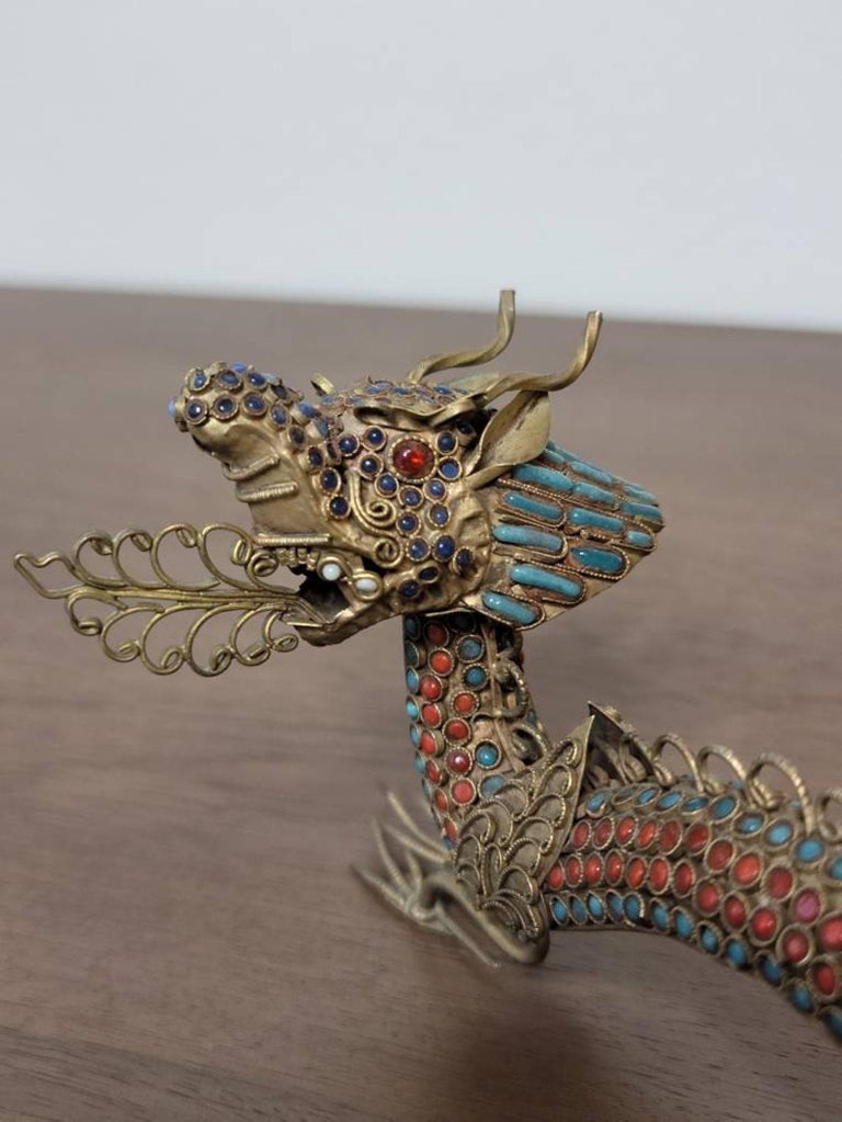 Vintage Asian Gemstone Inlaid Filigree Dragon Sculpture For Sale at 1stDibs