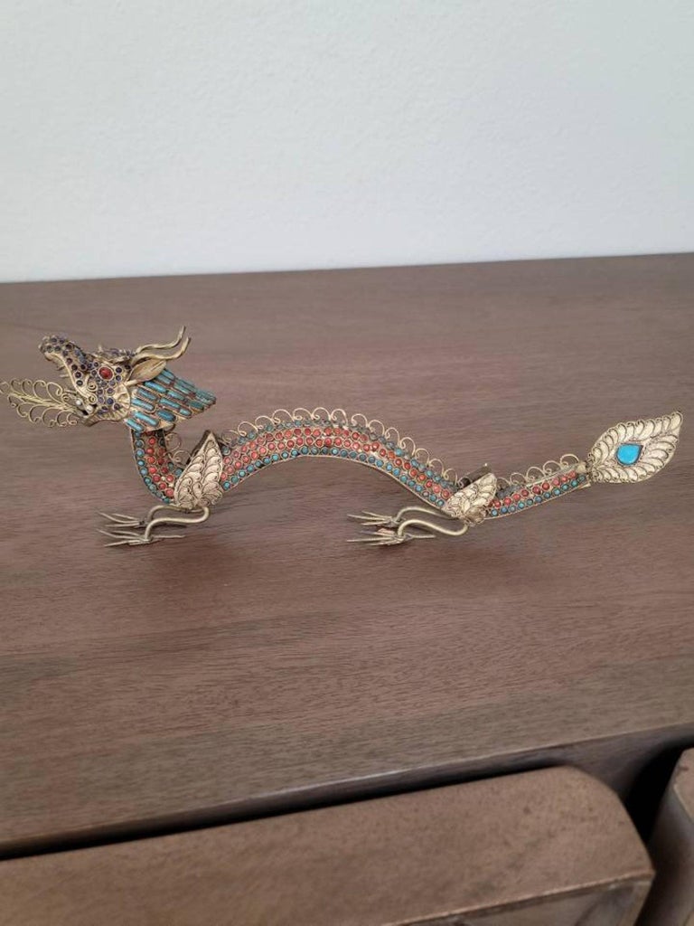 Vintage Asian Gemstone Inlaid Filigree Dragon Sculpture For Sale at 1stDibs