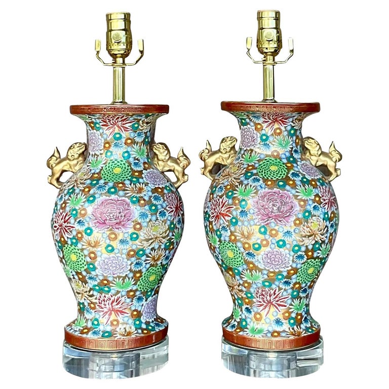 Vintage Asian Gilt Floral Table Lamps, Pair For Sale at 1stDibs