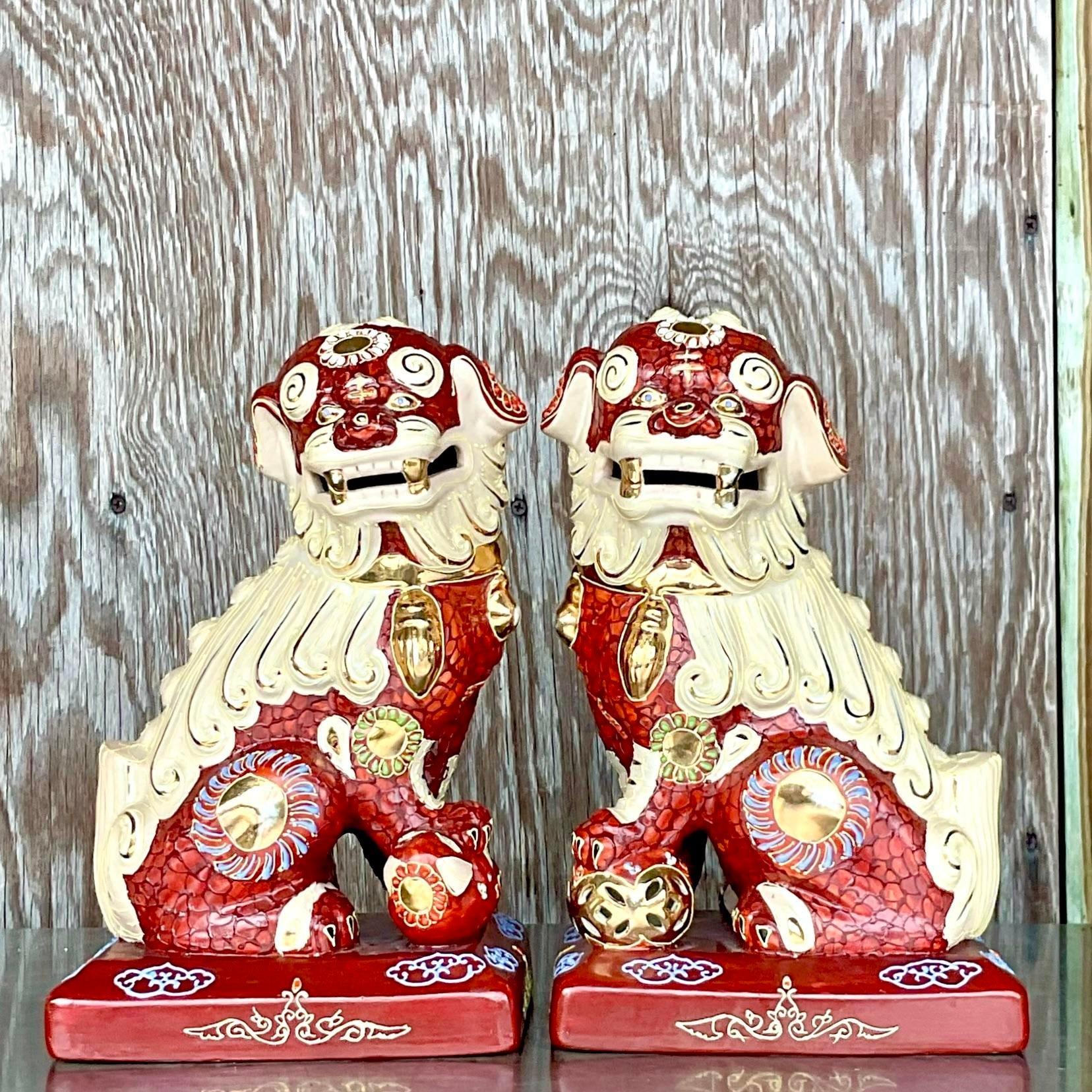 Vintage Asian Glazed Ceramic Foo Dogs - Set of Two For Sale at 1stDibs