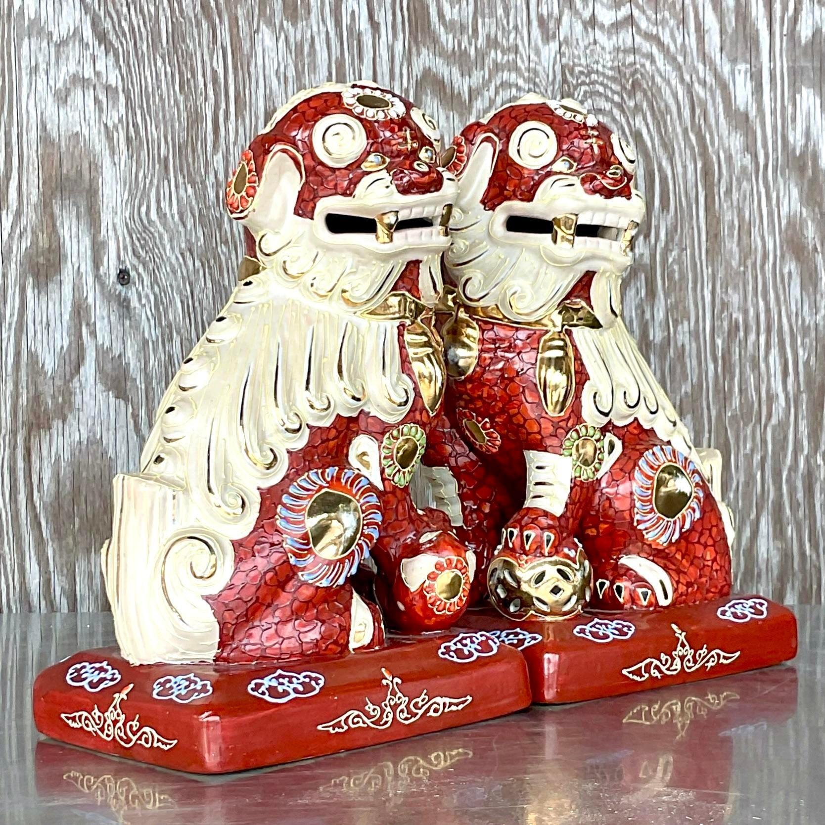 Vintage Asian Glazed Ceramic Foo Dogs - Set of Two For Sale at 1stDibs
