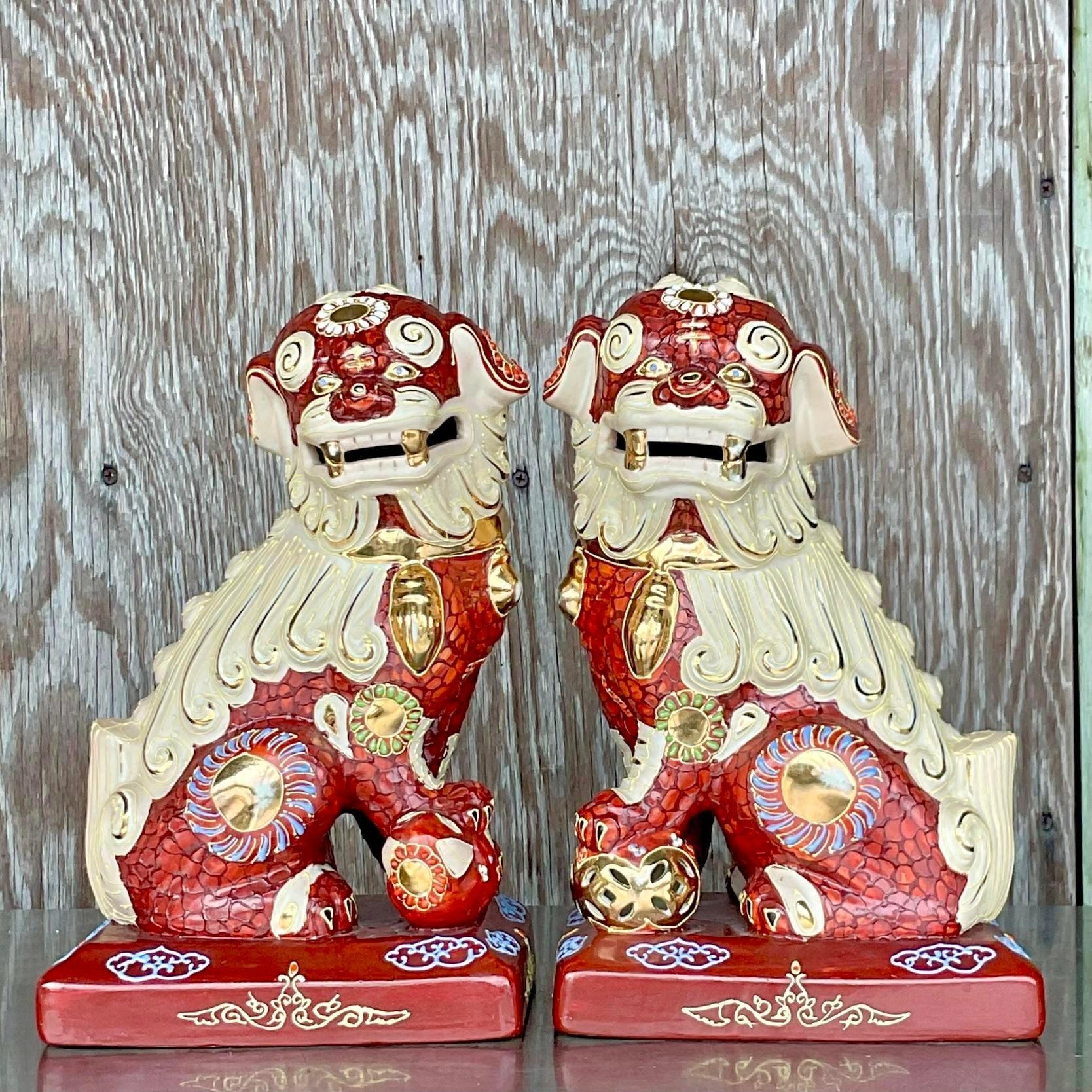 Vintage Asian Glazed Ceramic Foo Dogs - Set of Two For Sale at 1stDibs