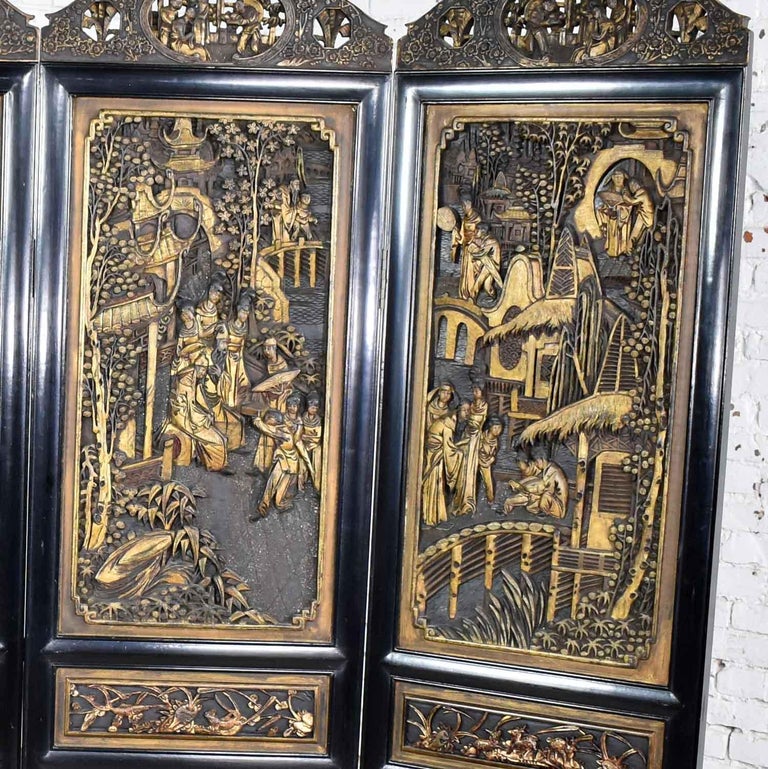 Asian Hand Carved 4-Panel Folding Screen or Room Divider Lacquered and ...