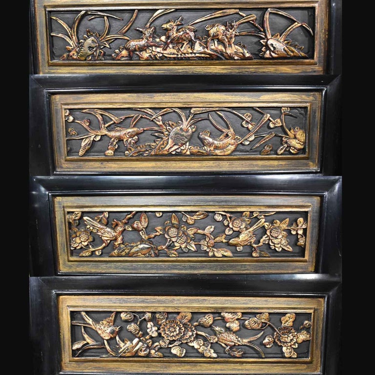 Asian Hand Carved 4-Panel Folding Screen or Room Divider Lacquered and ...