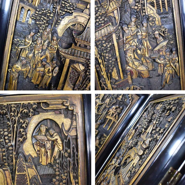 Asian Hand Carved 4-Panel Folding Screen or Room Divider Lacquered and ...