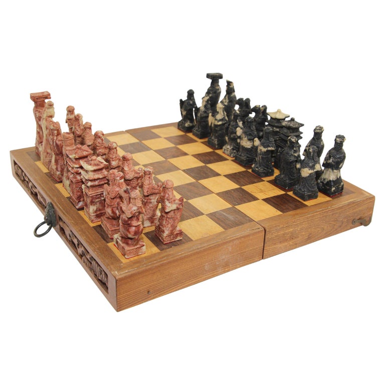 Vintage Asian Hand carved Chess Set in Box at 1stDibs | japanese chess ...
