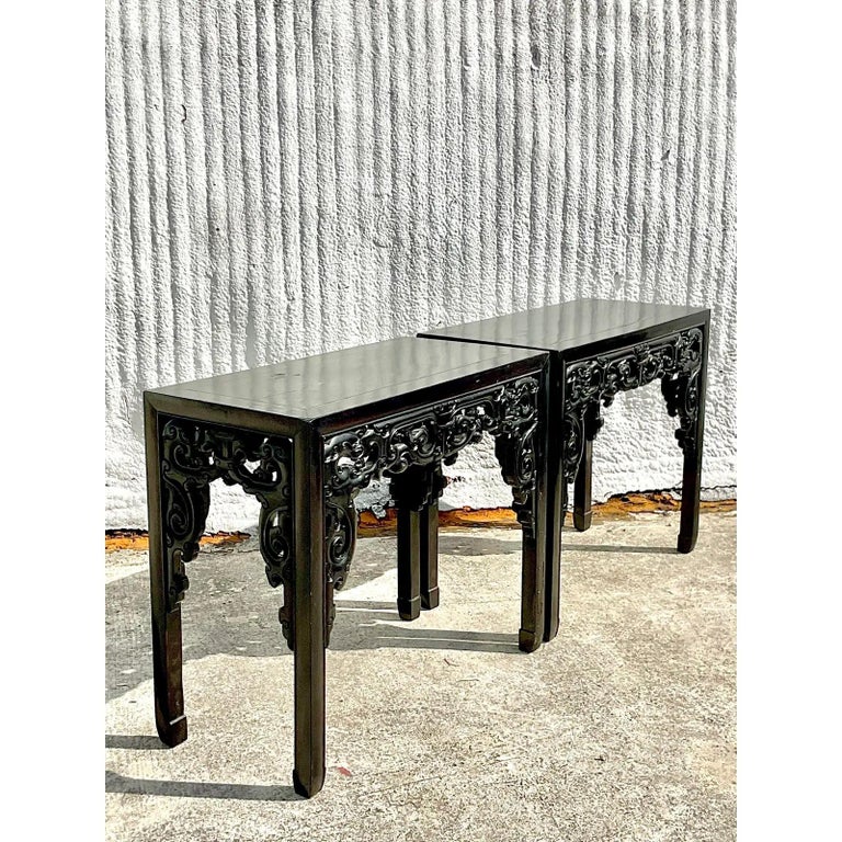 Vintage Asian Hand Carved Ebony Console Tables, a Pair For Sale at 1stDibs