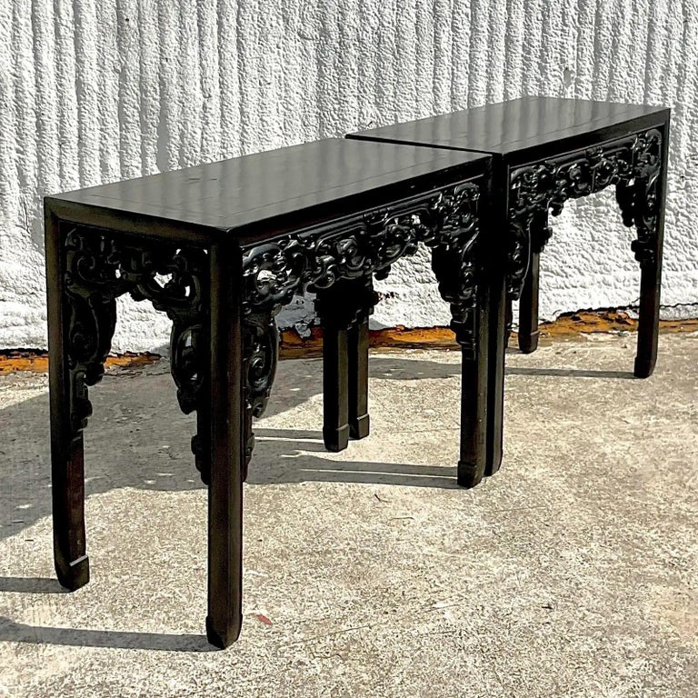 Vintage Asian Hand Carved Ebony Console Tables, a Pair For Sale at 1stDibs