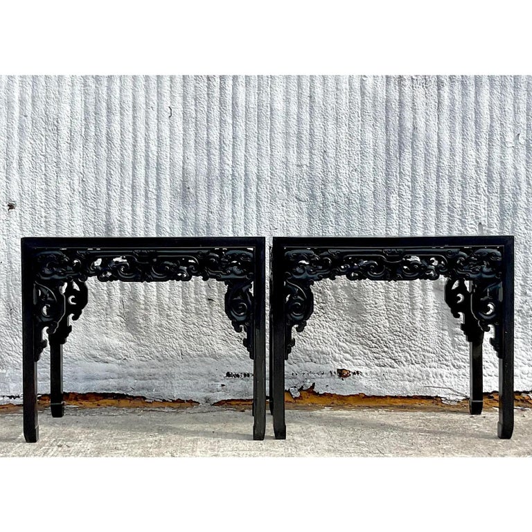 Vintage Asian Hand Carved Ebony Console Tables, a Pair For Sale at 1stDibs