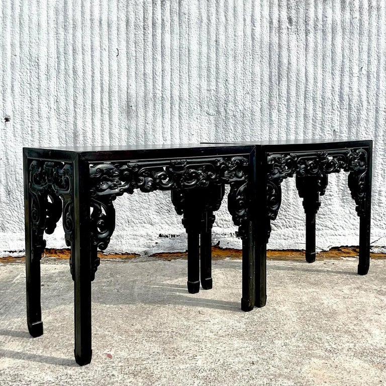 Vintage Asian Hand Carved Ebony Console Tables, a Pair For Sale at 1stDibs