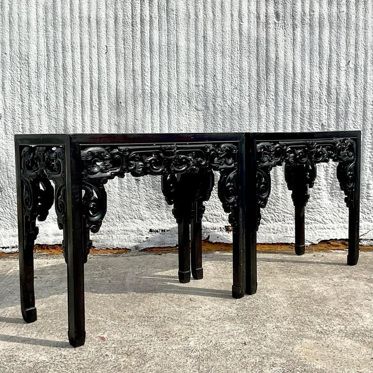 Vintage Asian Hand Carved Ebony Console Tables, a Pair For Sale at 1stDibs