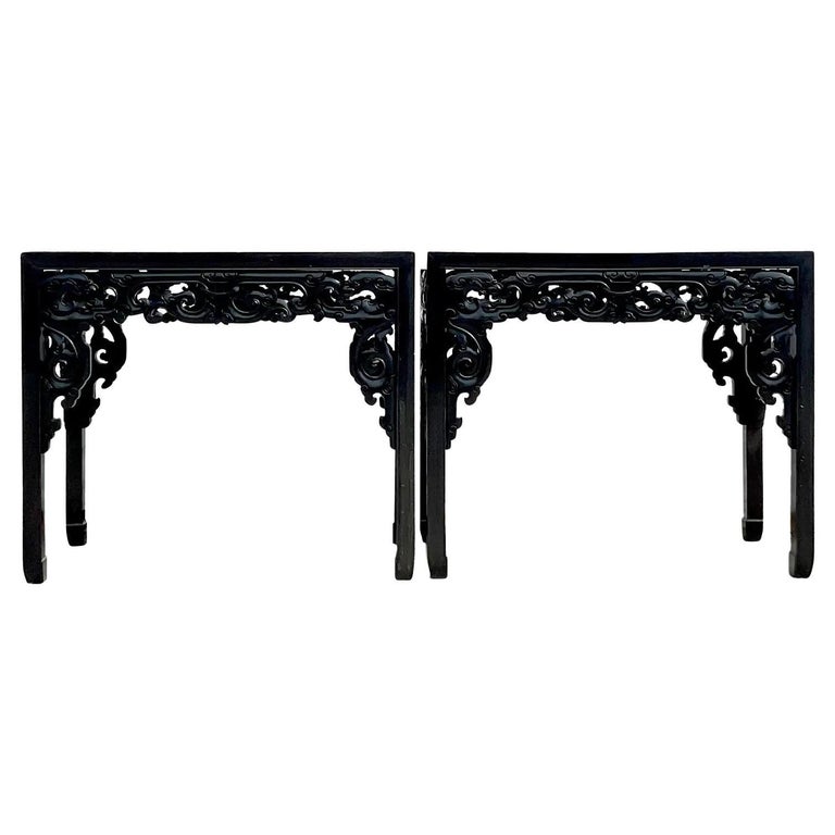 Vintage Asian Hand Carved Ebony Console Tables, a Pair For Sale at 1stDibs