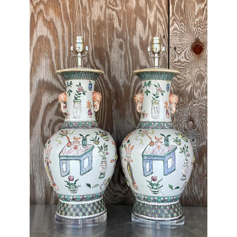 Vintage Asian Hand Painted Glazed Pottery Lamps, a Pair For Sale at 1stDibs