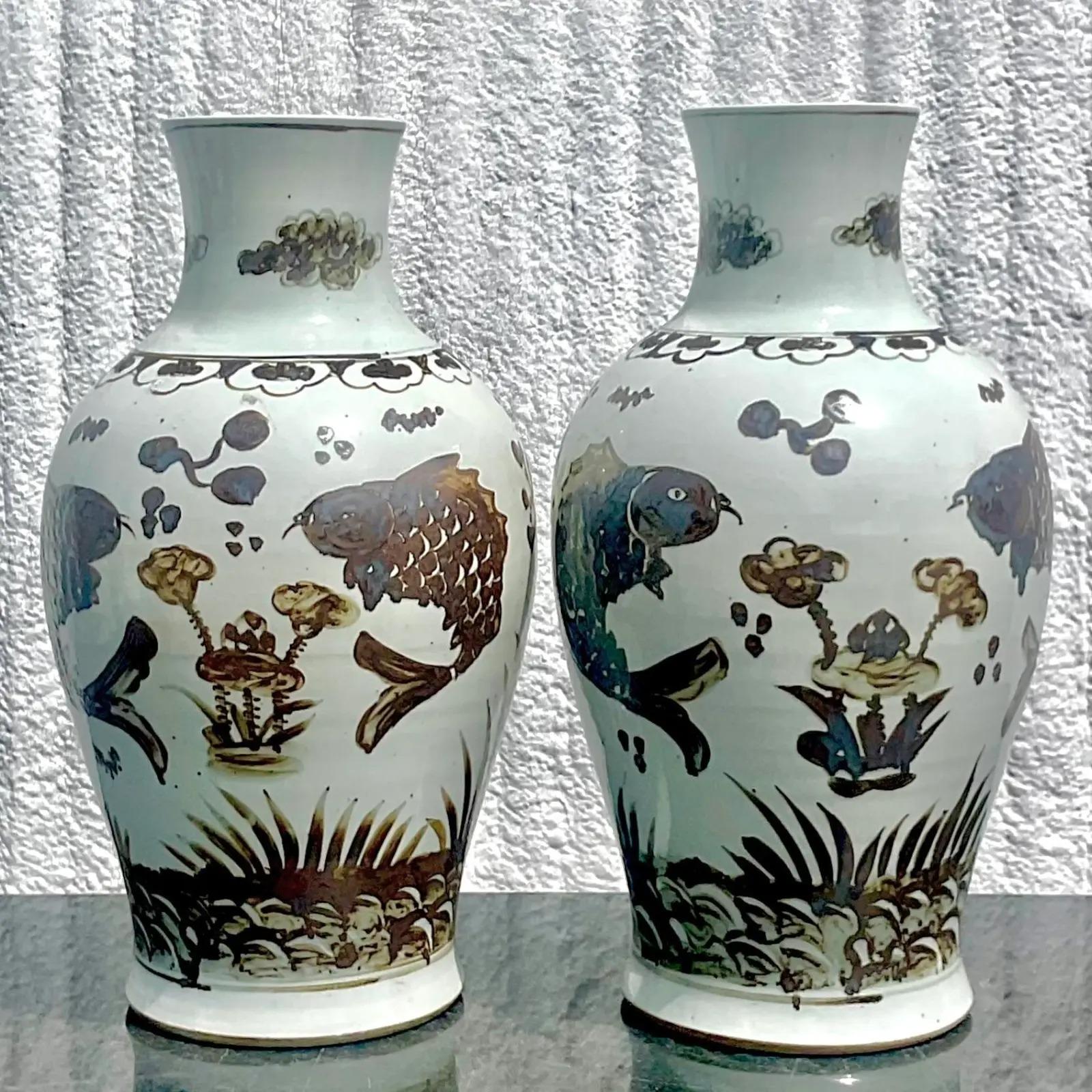Vintage Asian Koi Fish Vases, a Pair For Sale at 1stDibs