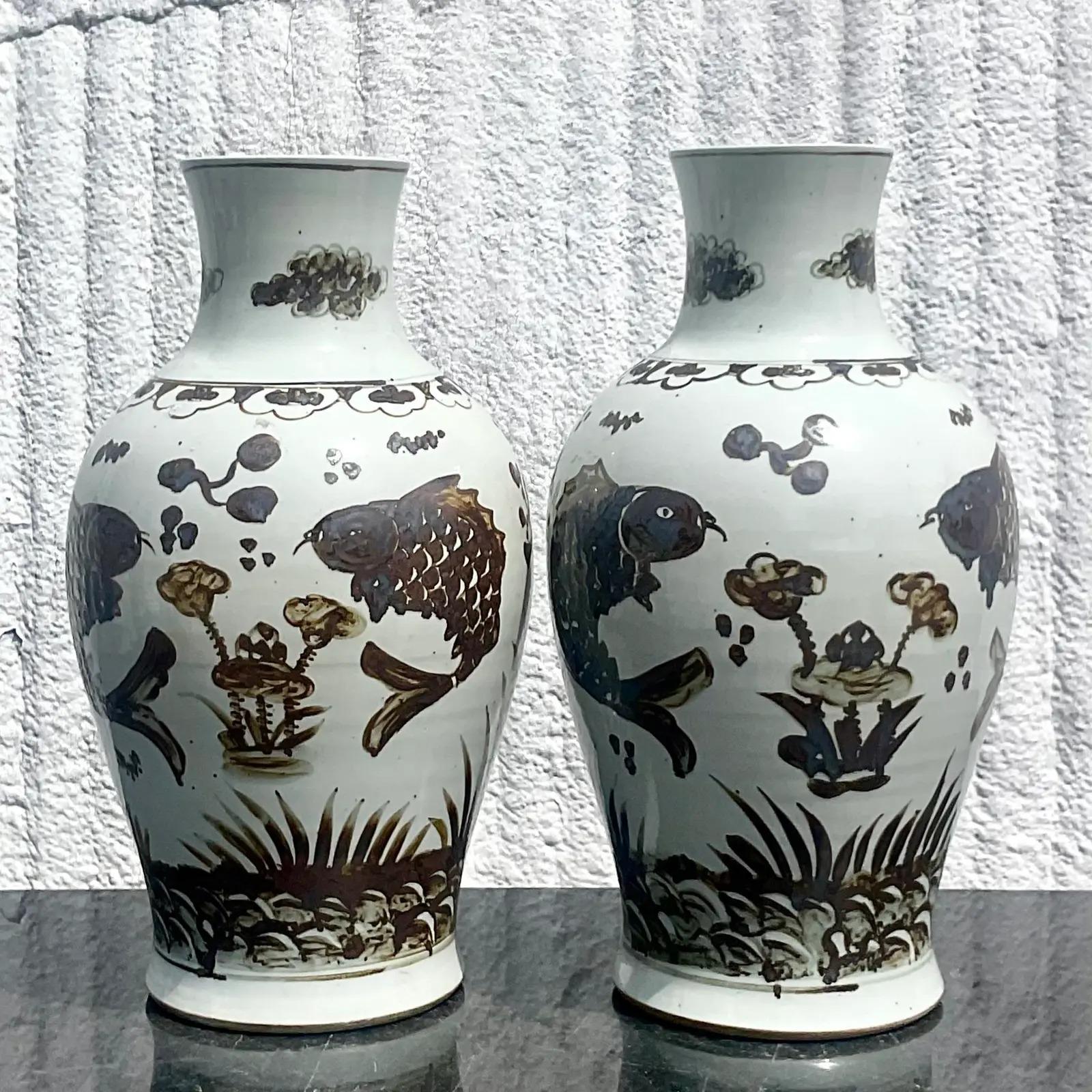 Vintage Asian Koi Fish Vases, a Pair For Sale at 1stDibs