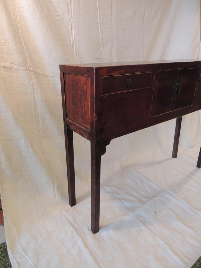 Vintage Asian Lacquered Red Console Table with Drawers and Doors at 1stDibs