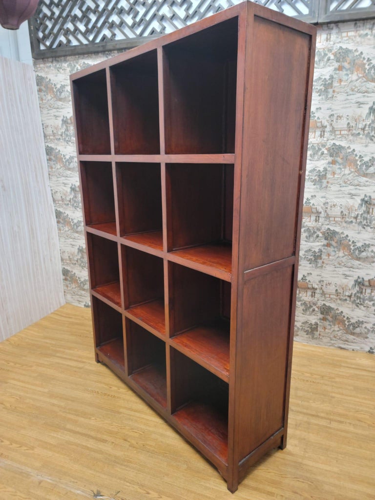 Vintage Chinese Red Lacquered Elmwood Cube Bookcase For Sale at 1stDibs