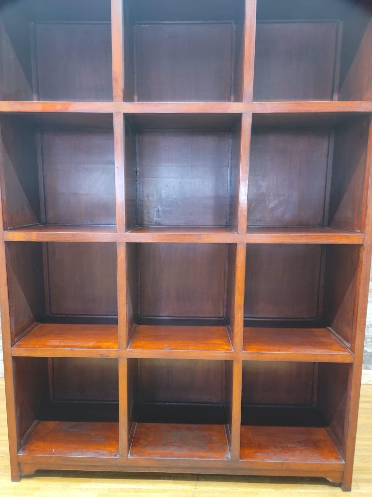 Vintage Chinese Red Lacquered Elmwood Cube Bookcase For Sale at 1stDibs