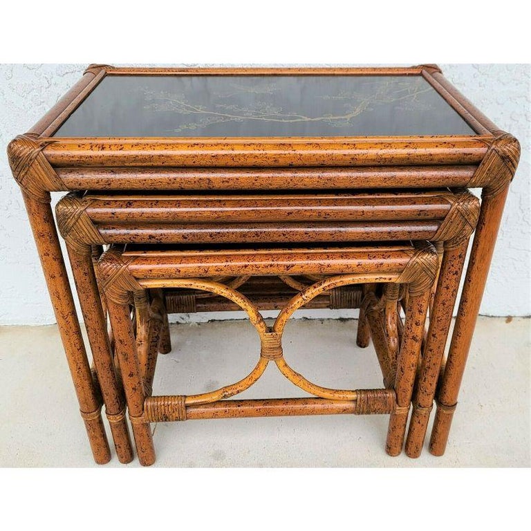 Vintage Asian Tiger Bamboo Rattan Nesting Tables For Sale at 1stDibs