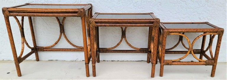 Vintage Asian Tiger Bamboo Rattan Nesting Tables For Sale at 1stDibs