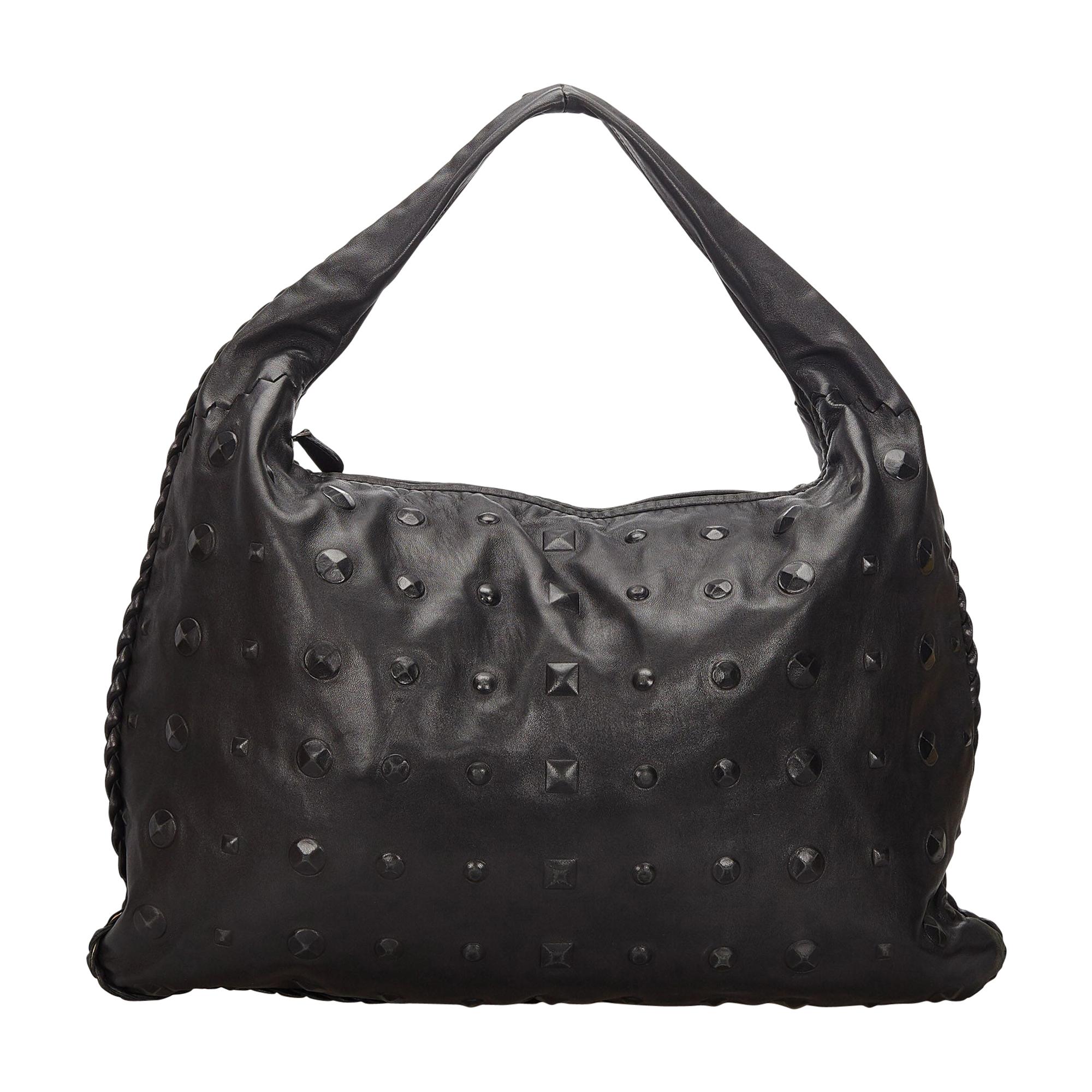 Vintage Authentic Bottega Veneta Black Leather Studded Hobo Bag Italy w ...