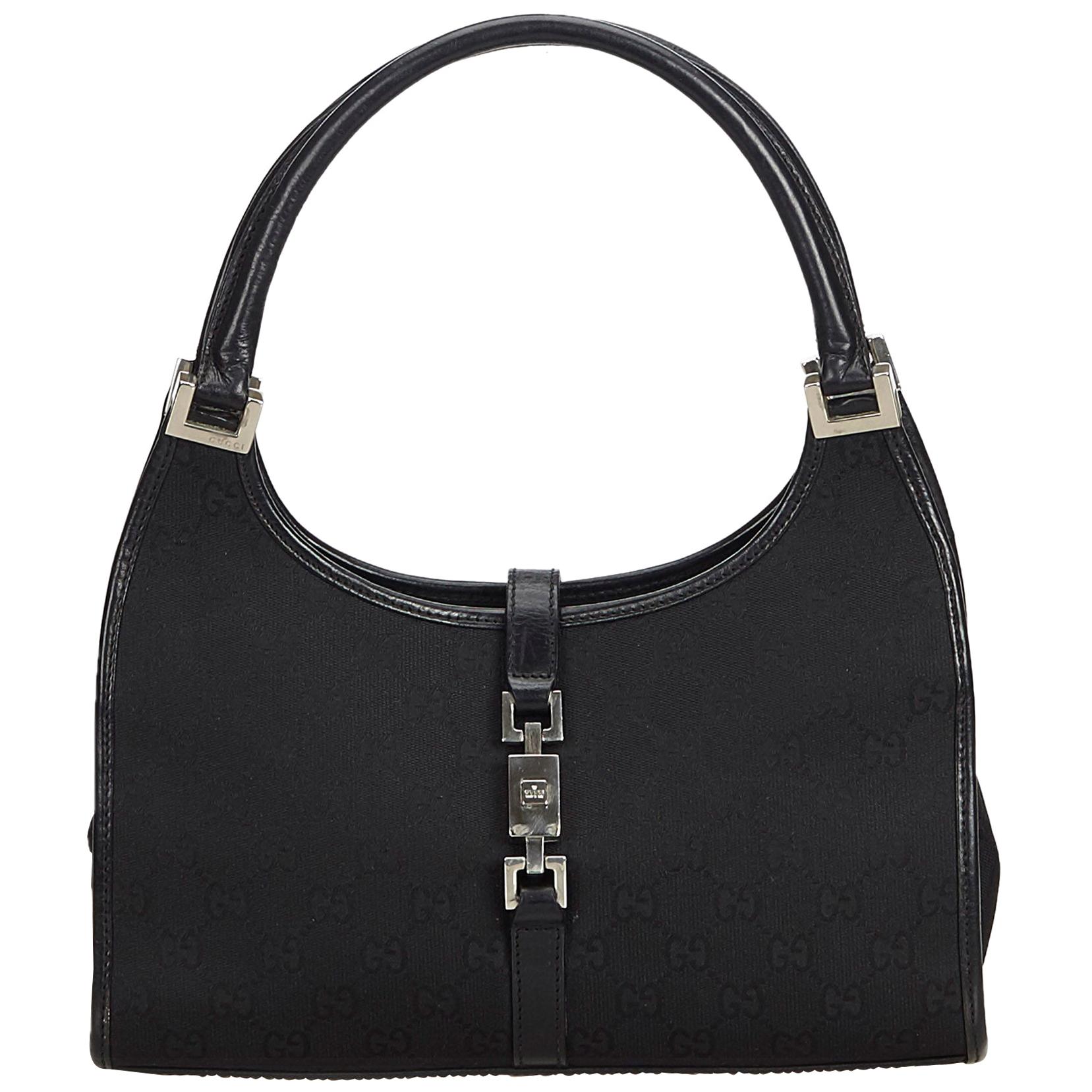 Vintage Authentic Gucci Black Canvas Fabric GG Jackie Handbag Italy ...