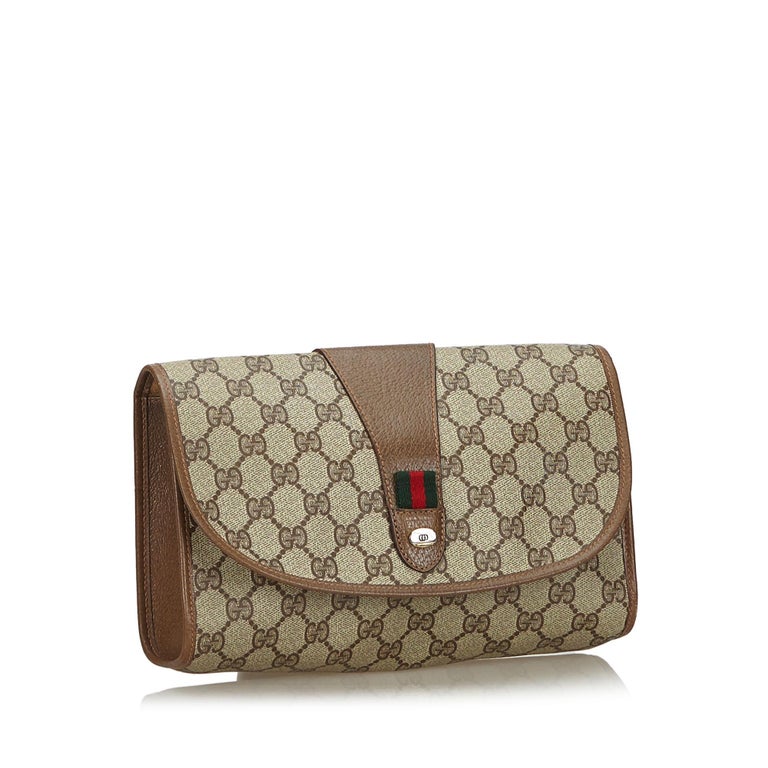 Vintage Authentic Gucci Brown Beige PVC Plastic GG Web Clutch Bag Italy ...