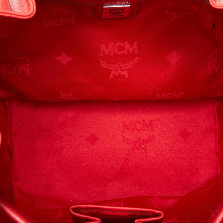 Vintage Authentic MCM Red Leather Drawstring Bucket Bag Germany MEDIUM ...