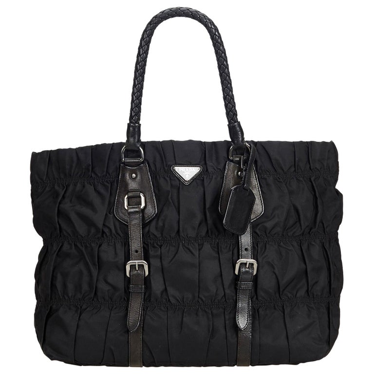 Vintage Authentic Prada Black Nylon Fabric Gathered Handbag ITALY LARGE ...