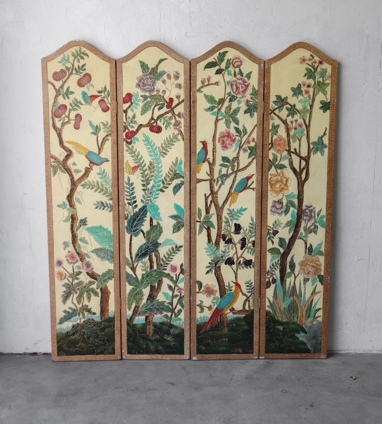 Vintage Avian Botanical Themed 4-Panel Room Divider For Sale at 1stDibs