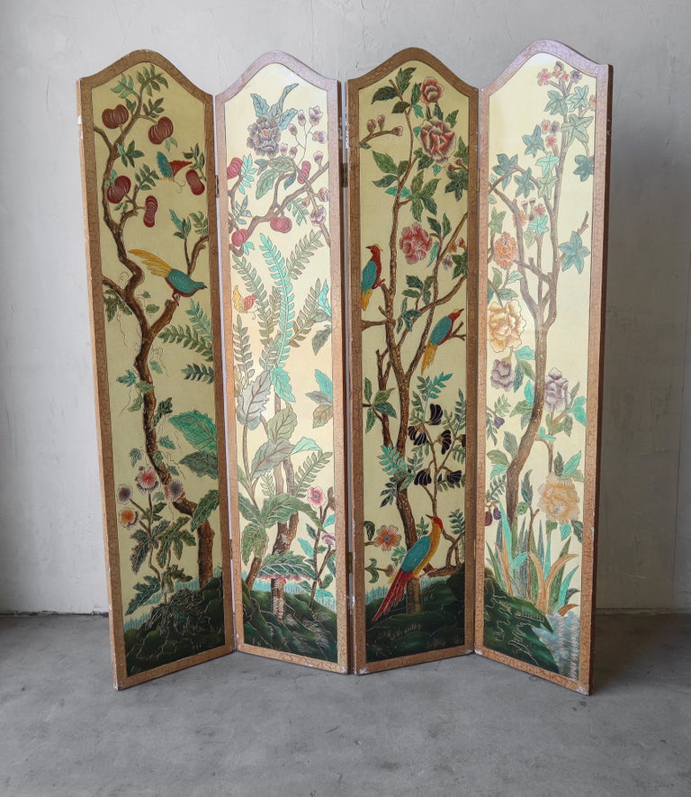 Vintage Avian Botanical Themed 4-Panel Room Divider For Sale at 1stDibs