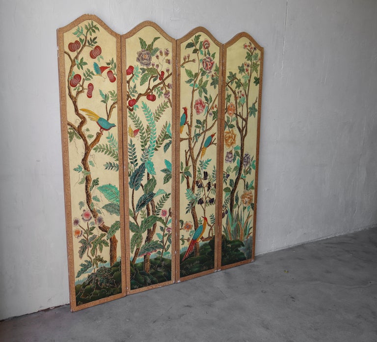 Vintage Avian Botanical Themed 4-Panel Room Divider For Sale at 1stDibs