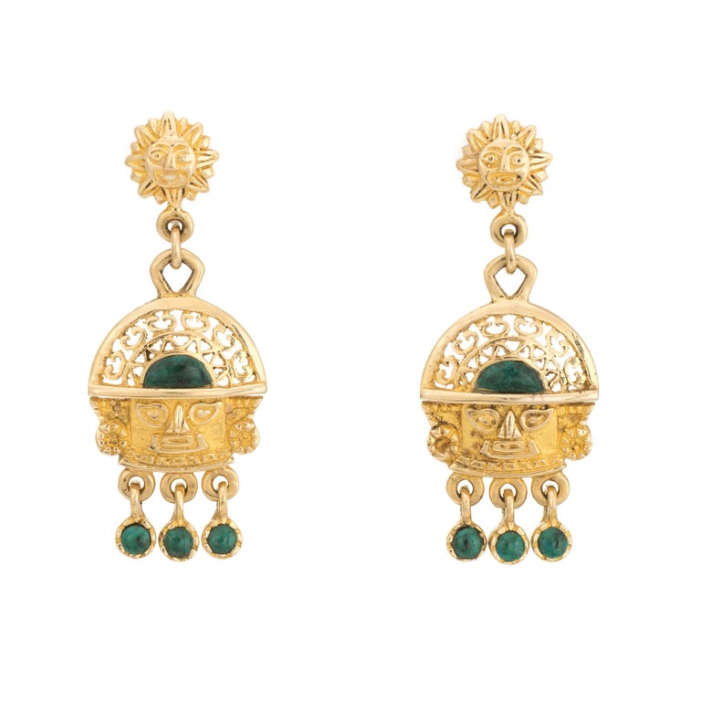 Vintage Aztec Earrings 18k Yellow Gold Green Stone Drops Estate Fine ...
