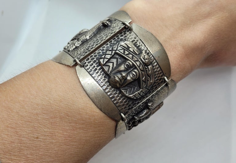 Vintage Aztec Mayan Design Silver Bracelet, 70 Grams, Safety Chain For ...