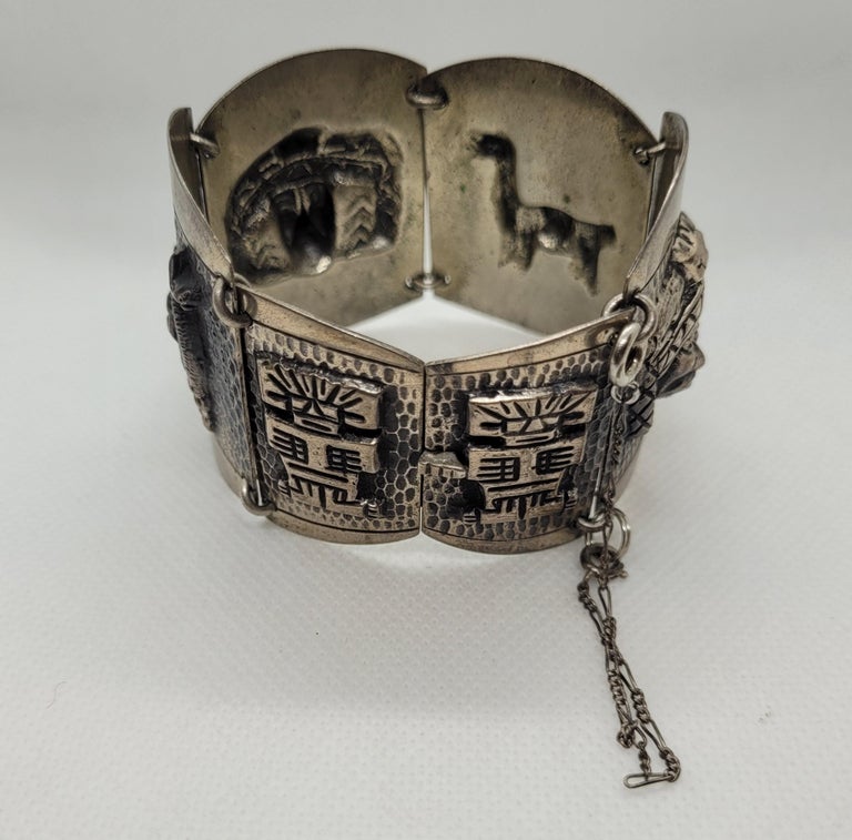 Vintage Aztec Mayan Design Silver Bracelet, 70 Grams, Safety Chain For ...
