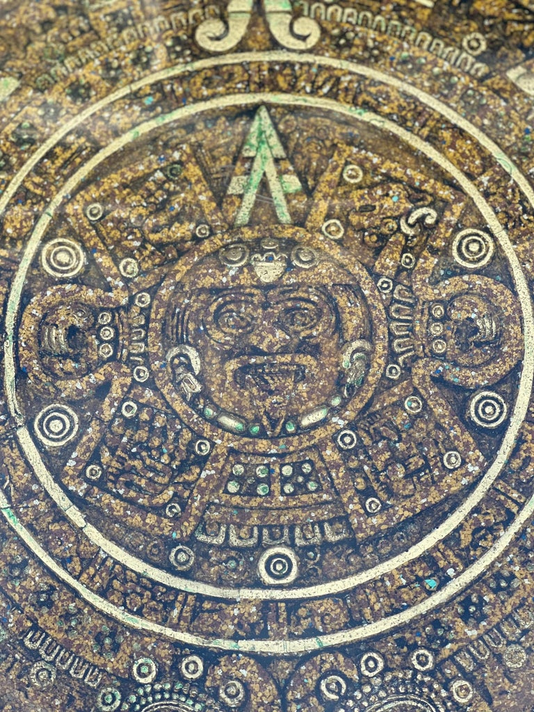 Vintage Aztec Sun Calendar Carved Stone Pedestal Table in Lucite ...