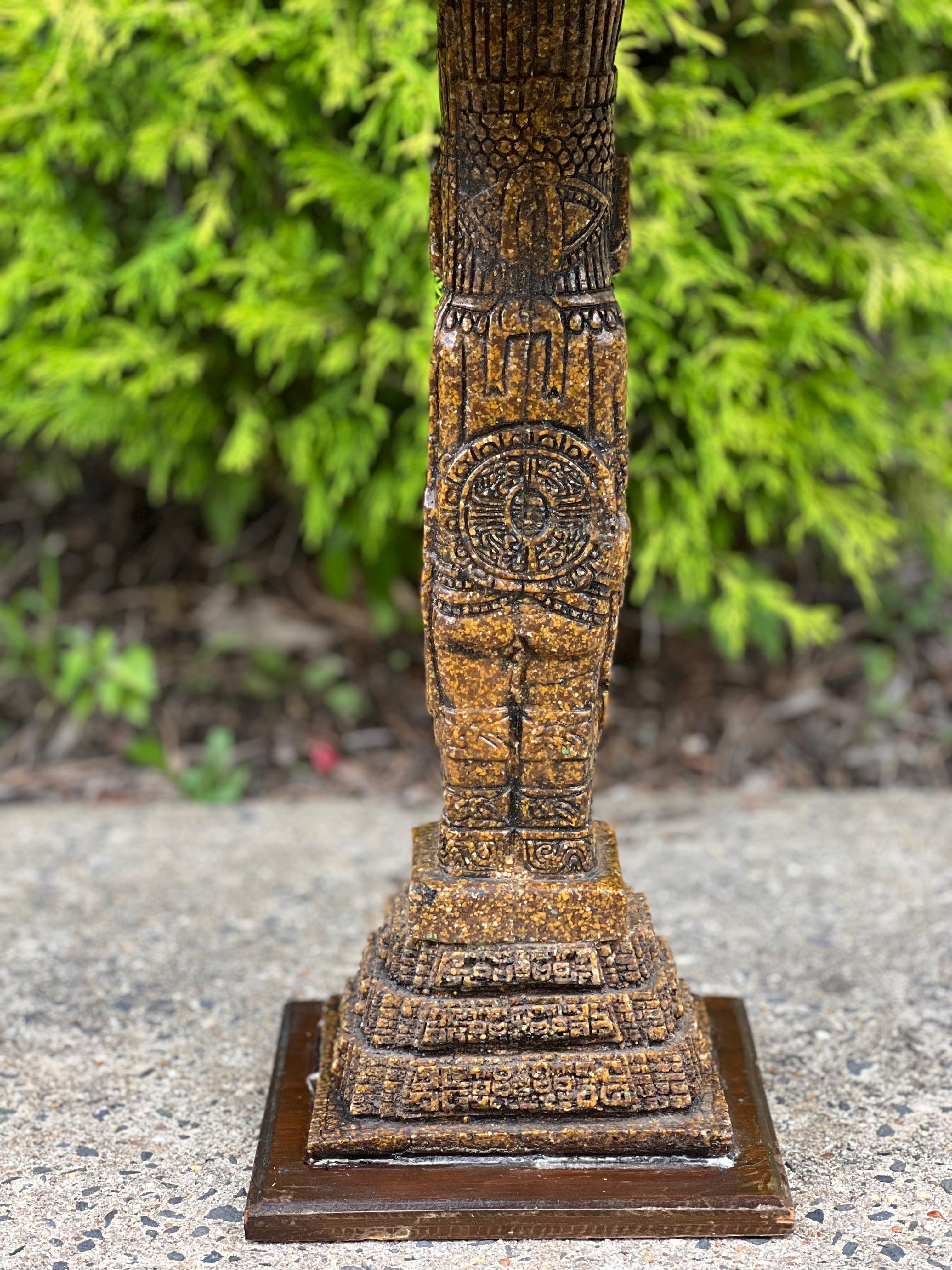 Vintage Aztec Sun Calendar Carved Stone Pedestal Table in Lucite ...