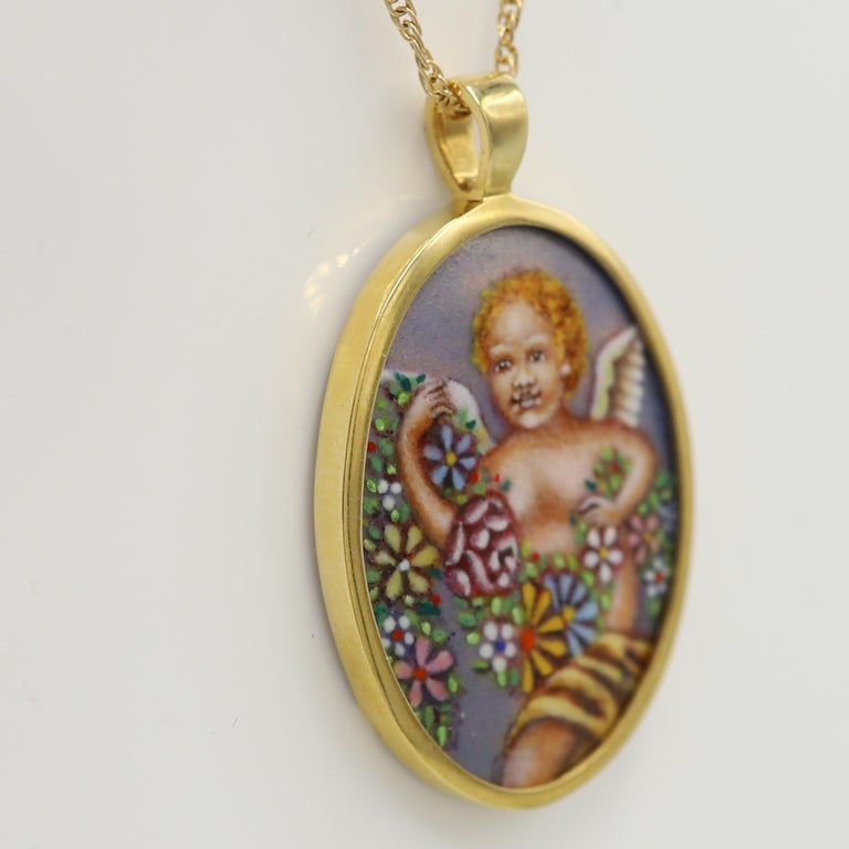 Vintage Baby Angel 18 Karat and Sterling Silver Pendant Enamel Art from ...
