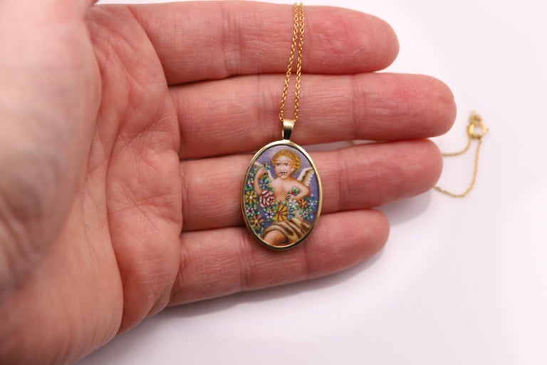 Vintage Baby Angel 18 Karat and Sterling Silver Pendant Enamel Art from ...