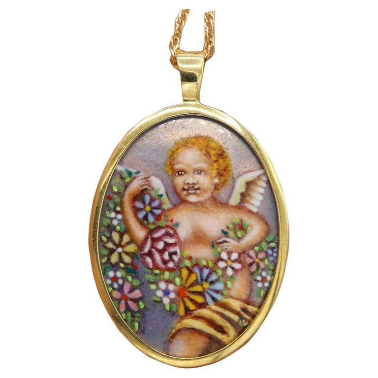 Vintage Baby Angel 18 Karat and Sterling Silver Pendant Enamel Art from ...