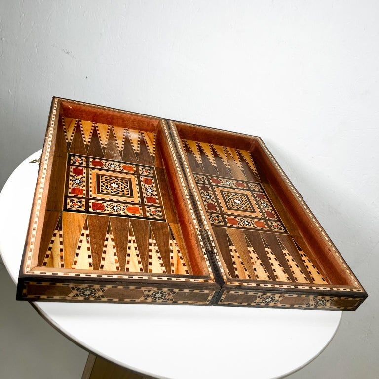Moroccan Backgammon Game Board Chess Box Intricate Wood Marquetry MOP Mosaic For Sale at 1stDibs