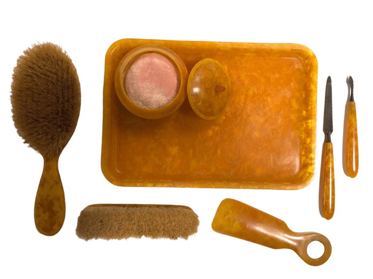 Vintage Bakelite Vanity Set W/ Tray, Brushes, Powder Box, and Shoehorn ...