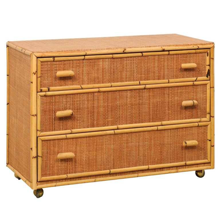 Vintage Bamboo and Handwoven Cane Chest of Three Drawers at 1stDibs