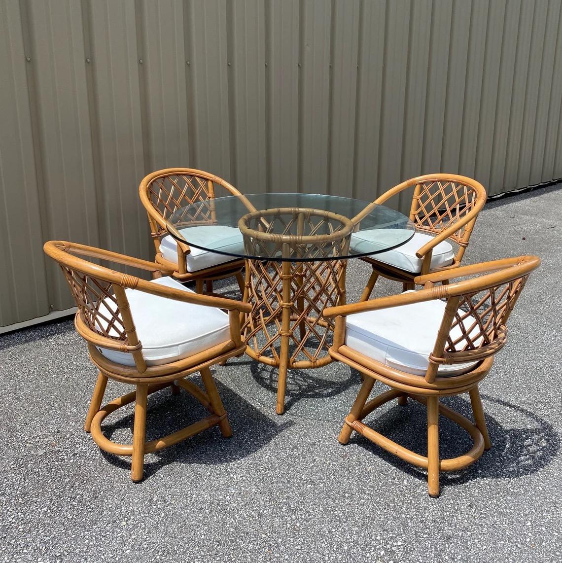 Vintage Bamboo Patio Dining Set - 4 Swivel Chairs and Tempered Glass ...