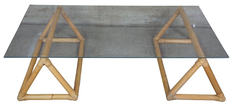 Vintage Bamboo and Rattan Triangular Hexagon Modular Base Table w Round ...