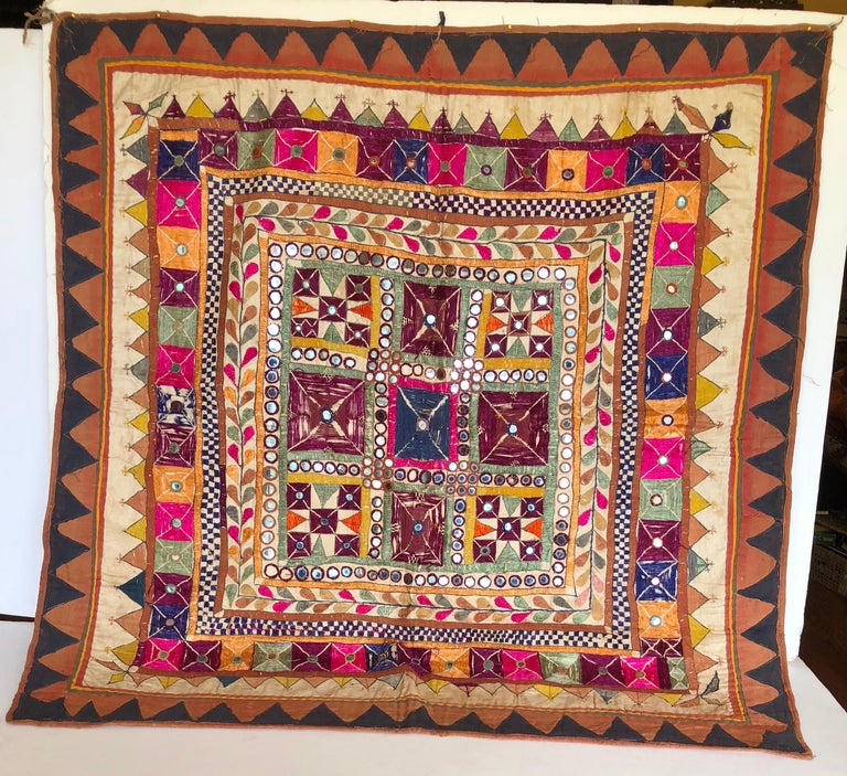 Vintage Banjara Tribal Embroidered Chaakla with Mirrors, Wall Hanging, India For Sale at 1stDibs