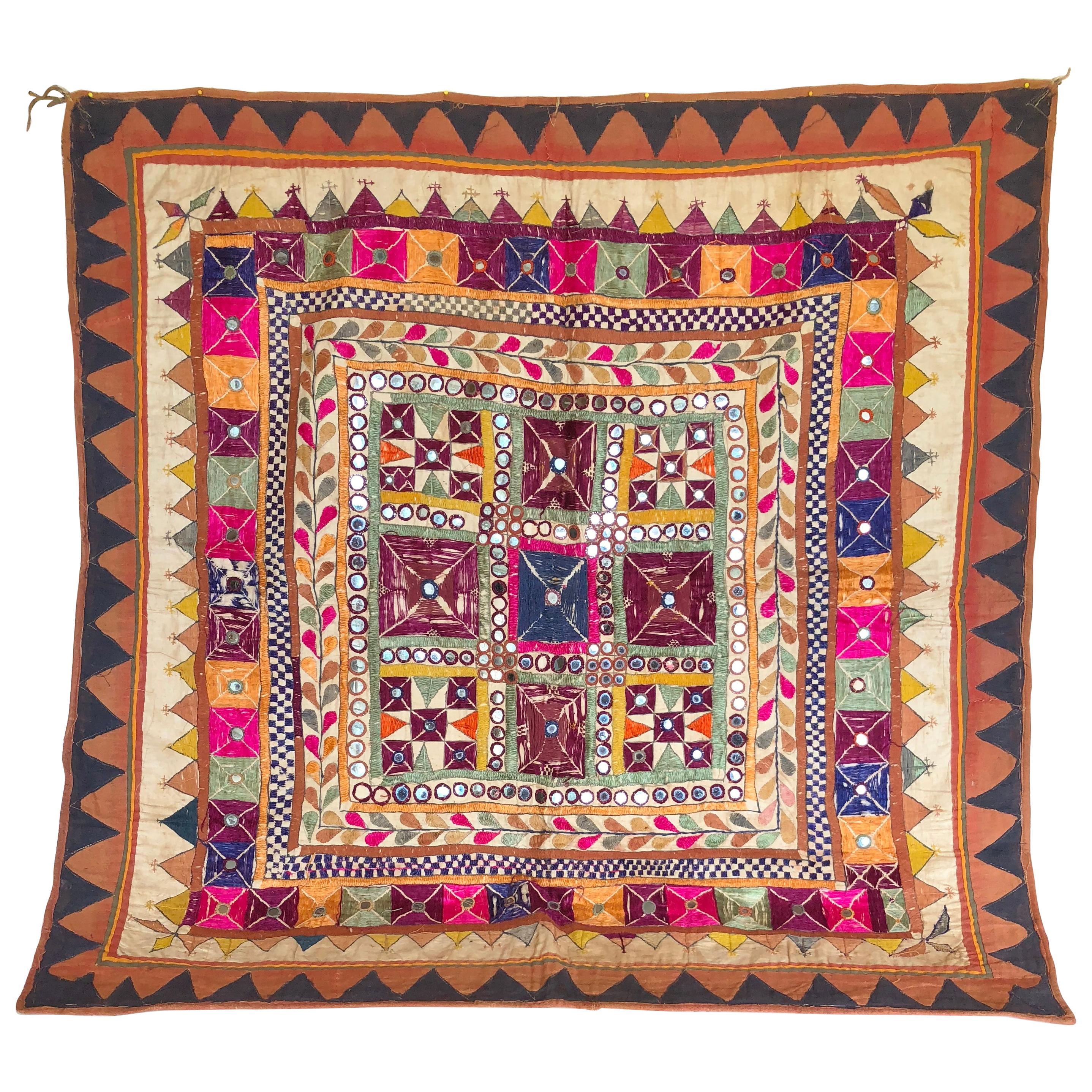 Vintage Banjara Tribal Embroidered Chaakla with Mirrors, Wall Hanging ...