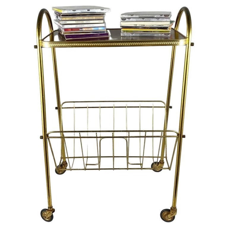 Vintage Bar Cart or Newspaper Tray, Germany Wooden And Brass Small Tray ...