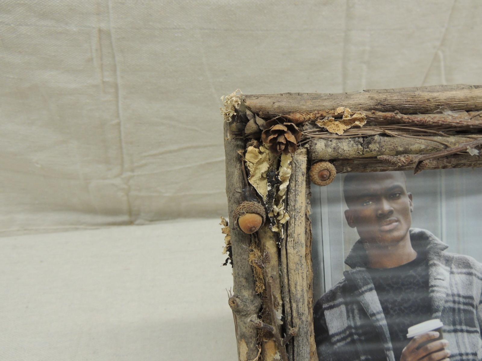 Vintage Bark and Dry Flowers Rustic Picture Frame For Sale at 1stDibs