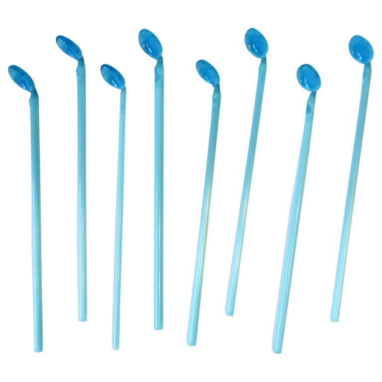 Vintage Barware Blue Art Glass Straw with Spoon, Set of 8 at 1stDibs